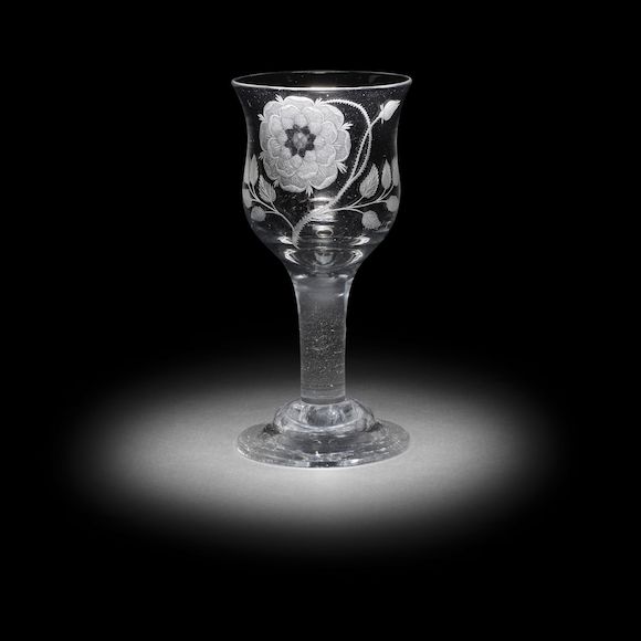 Bonhams : An fine Jacobite engraved plain stem goblet, circa 1750