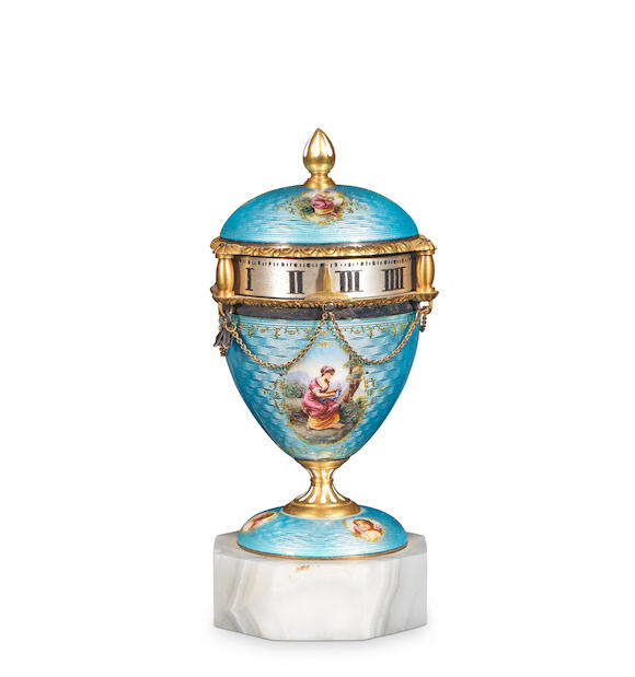 Bonhams : A good early 20th century Austrian, guilloche enamel decorated miniature urn timepiece ...