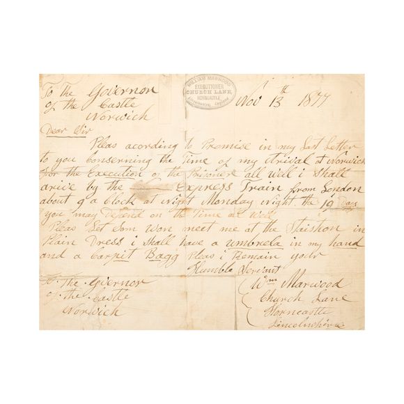 Bonhams : MARWOOD (WILLIAM) Autograph letter signed ("Wm Marwood"), to ...