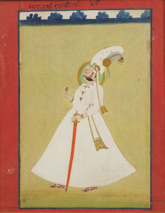 Bonhams : Maharaja Ram Singh standing in a landscape, holding a sword ...