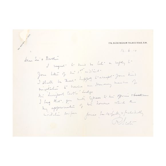 Bonhams : SCOTT (ROBERT FALCON) Autograph letter signed, with postcard