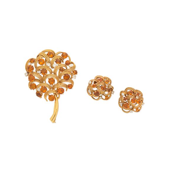 Bonhams : BOUCHERON: CITRINE AND DIAMOND-SET BROOCH AND EARCLIP SUITE, (2)