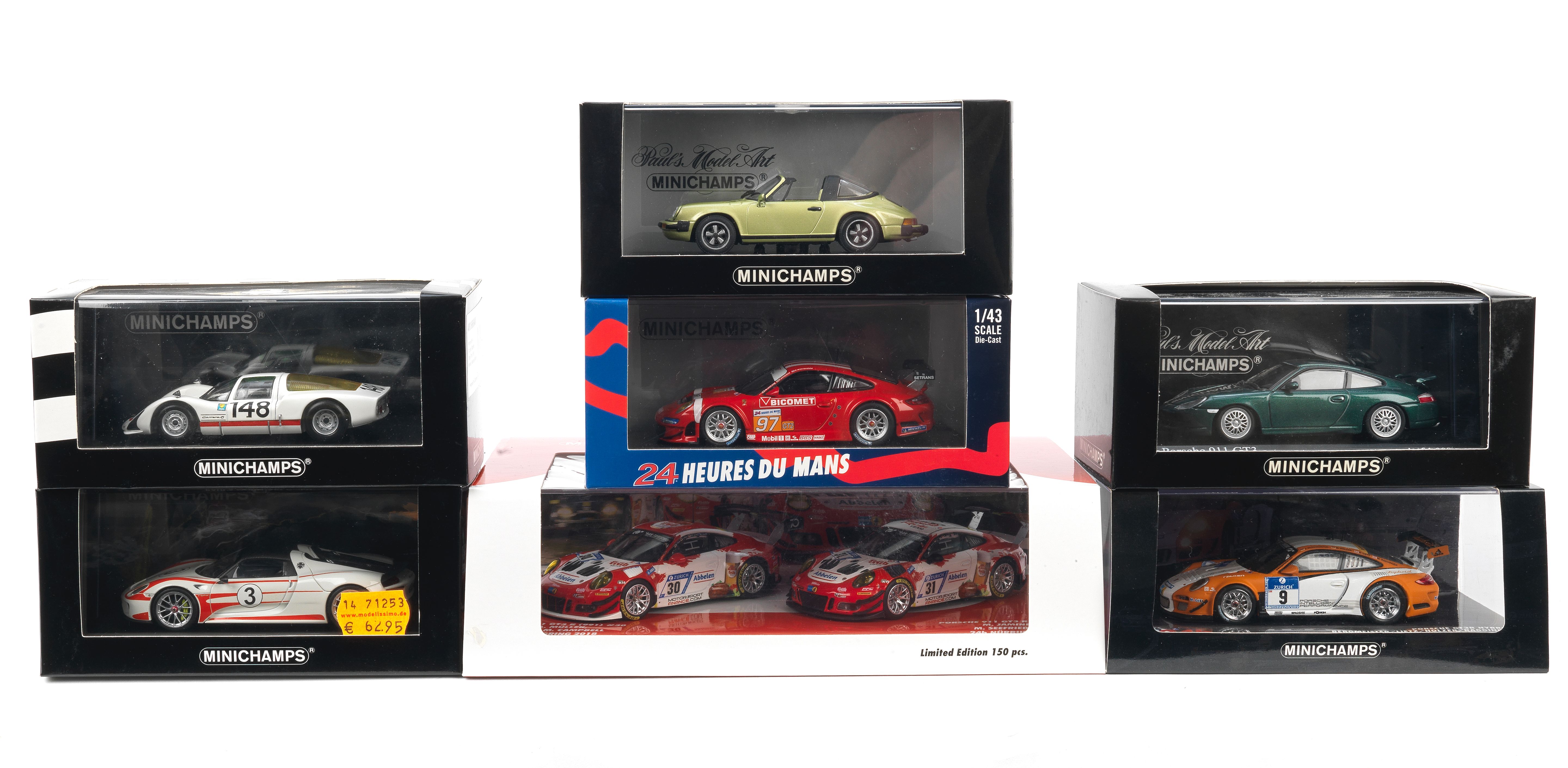 Bonhams Cars : Seven boxed 1:43 scale Porsche models, by Minichamps, ((7))