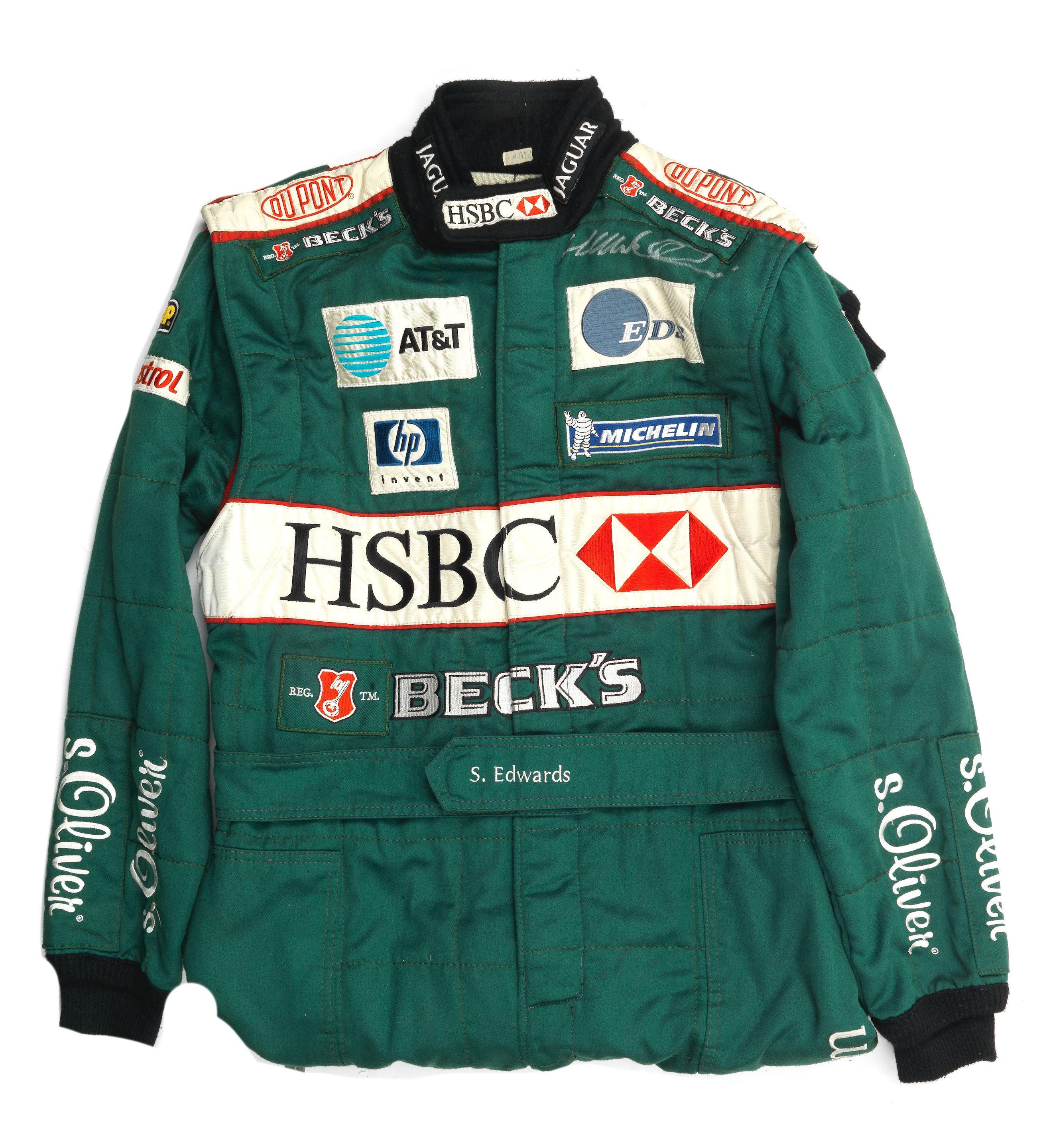 Bonhams Cars : A signed pair of Jaguar F1 mechanics' overalls, by OMP,