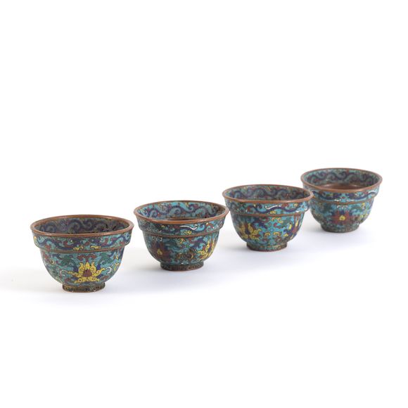 Bonhams : A SET OF FOUR CLOISONNE ENAMEL 'LOTUS SCROLL' CUPS Early Ming ...