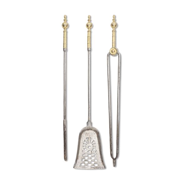 Bonhams : A set of three George III brass and polished steel fire-irons (3)