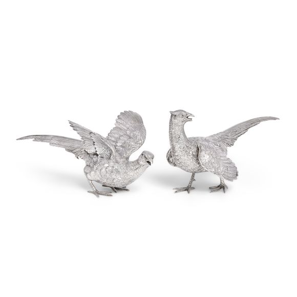 Bonhams : A pair of German silver pheasants with crown and crescent ...