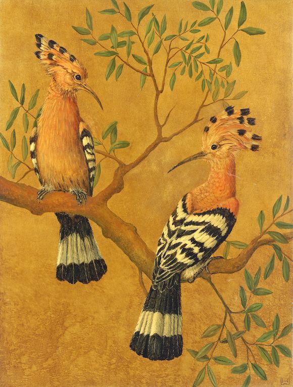 Bonhams : Helen Whitwell (British, 20th Century) Two hoopoes on a branch