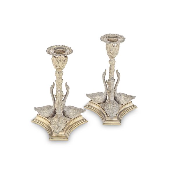 Bonhams : A pair of early Victorian silvered bronze swan candlesticks ...