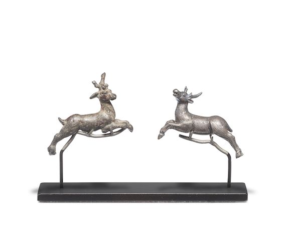 Bonhams : Two miniature Roman silver leaping stags 2