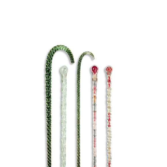 Bonhams : A collection of five Nailsea type green tinted clear glass ...