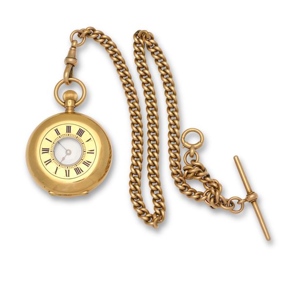 Bonhams : An 18K gold keyless wind half hunter pocket watch with 15K ...