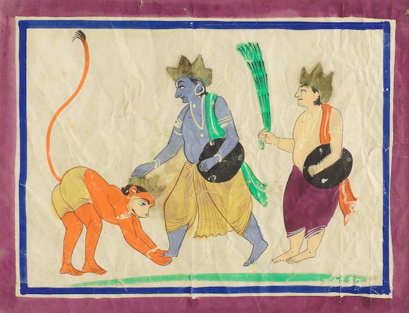 Bonhams : Rama and Lakhshmana with Hanuman making obeisance North India ...