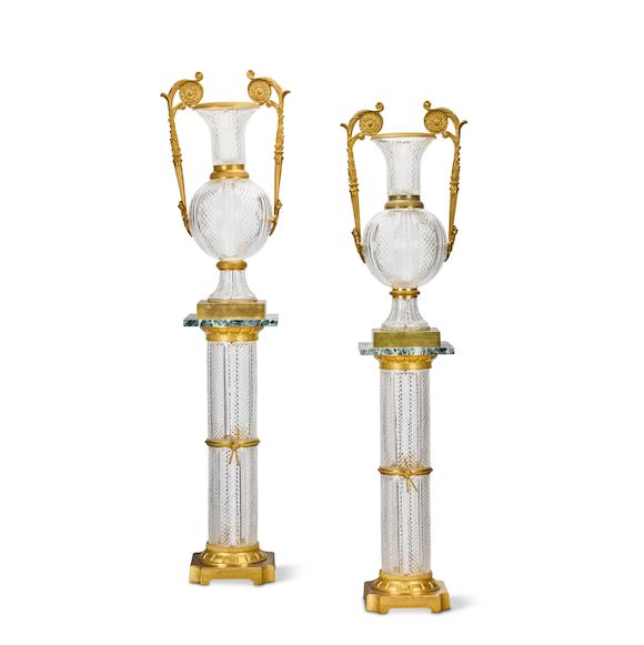 Bonhams : A pair of impressive gilt bronze mounted cut glass pedestal ...
