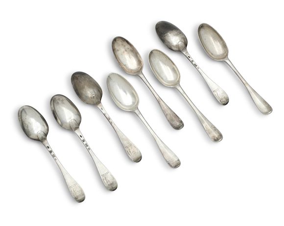 Bonhams : A set of eight Scottish George II Hanoverian pattern silver ...