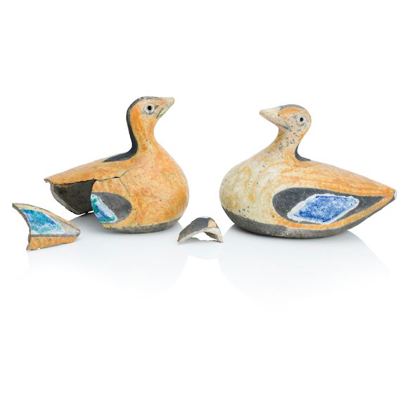 Bonhams : A pair of Oxshott Wren pottery figures of ducks, Of stylised ...