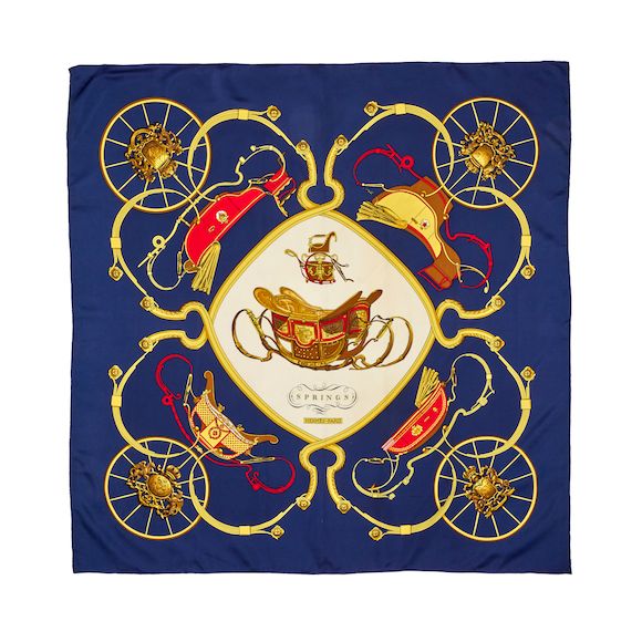 Bonhams : Hermès: a Navy Blue 'Springs' Silk Scarf 90