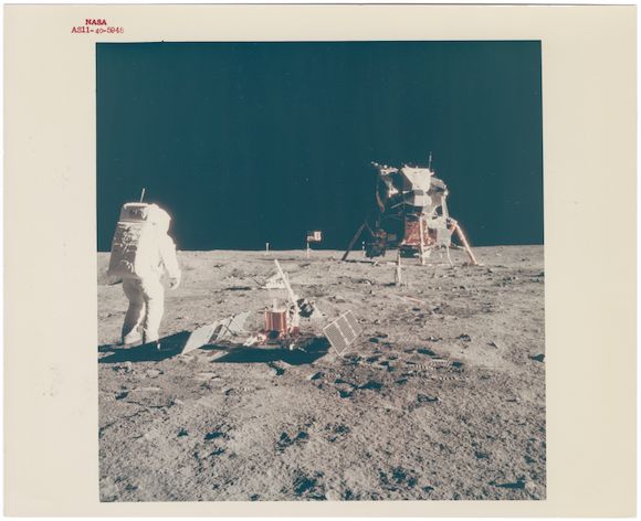 Bonhams Cornette de Saint Cyr : [Apollo 11] BUZZ ALDRIN GAZING AT THE LM EAGLE AND U.S. FLAG AT ...