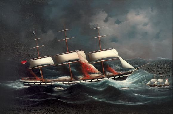 Bonhams : CHINESE ARTIST (CIRCA 1882) The clipper ship Kilmodan on fire