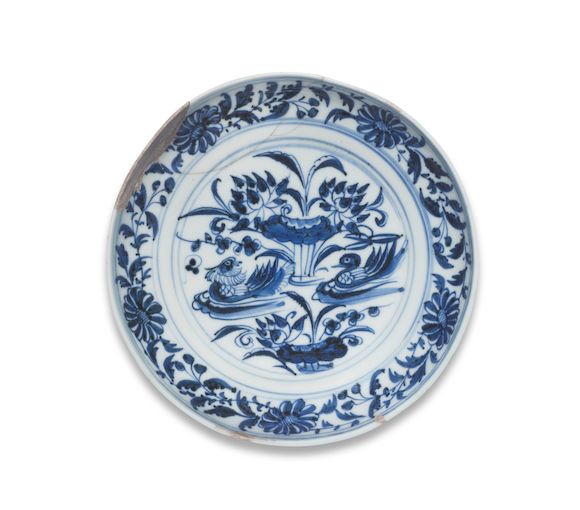 Bonhams : A BLUE AND WHITE 'MANDARIN DUCKS' DISH Yuan Dynasty