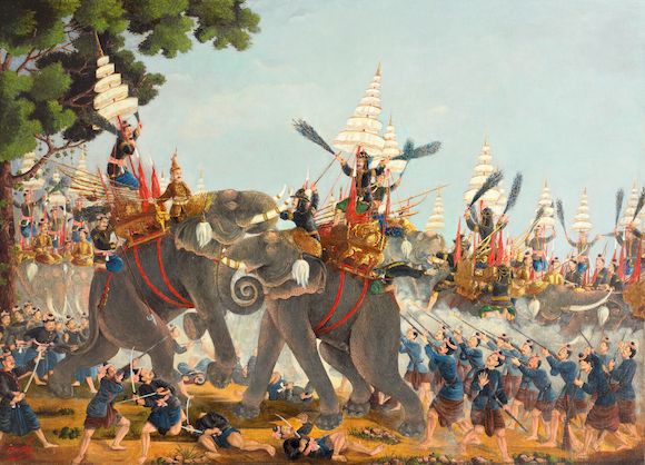 Bonhams : A battle scene, with elephants and infantry in combat ...