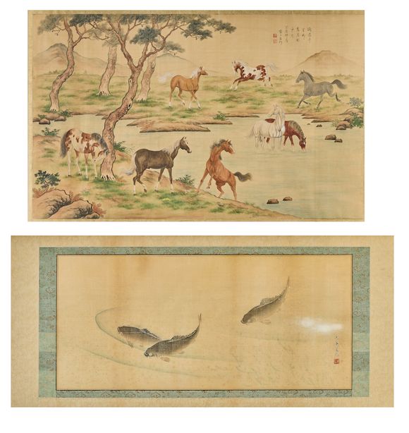 Bonhams : Chen Shaoshi, 20th century Horses in a landscape (together with a Japanese painting ...