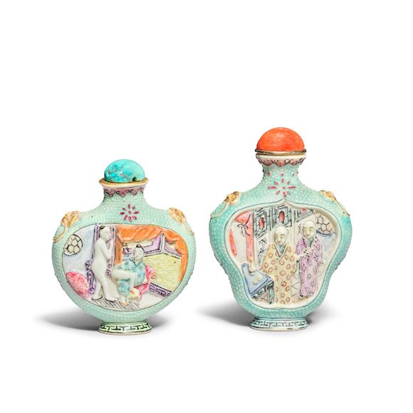 Bonhams : A MOULDED FAMILLE ROSE 'EROTIC' SNUFF BOTTLE AND A MOULDED ...
