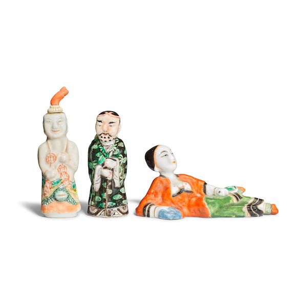 Bonhams : THREE MOULDED PORCELAIN FIGURATIVE SNUFF BOTTLES 19th century (4)