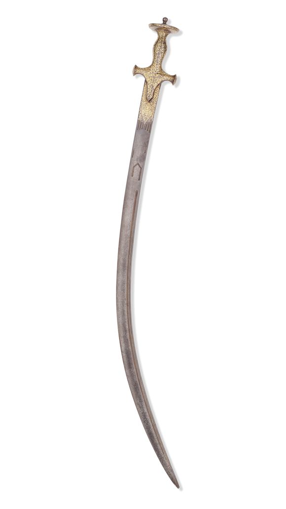 Bonhams : A gold koftgari steel sword (tulwar) bearing the name of ...