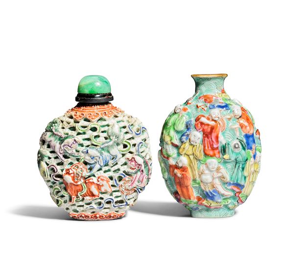 Bonhams : A MOULDED 'EIGHTEEN LUOHANS' SNUFF BOTTLE AND A MOULDED ...