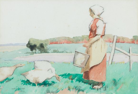 Bonhams : William Hanna Clarke (British, 1882-1924) Girl with geese