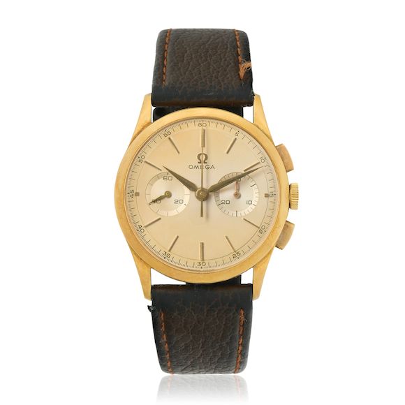 Bonhams : Omega. An 18K gold manual wind chronograph wristwatch Ref: OT ...