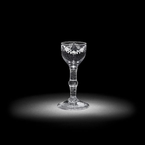 Bonhams : A very rare Beilby enamelled baluster wine glass, circa 1765