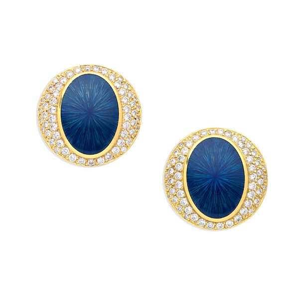 Bonhams : SIMON BENNEY: ENAMEL AND DIAMOND EARRINGS,