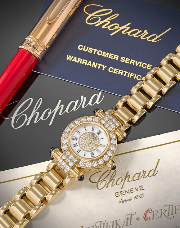 Bonhams : Chopard. A fine and rare lady's 18K gold diamond set quartz bracelet watch with mother ...