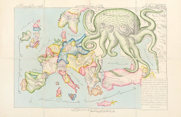 Bonhams : SERIO-COMIC MAP, IN ARABIC. Caricature "octopus" map of ...