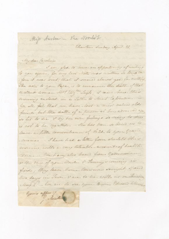 Bonhams : AUSTEN (JANE) Two pages of an autograph letter to Caroline ...