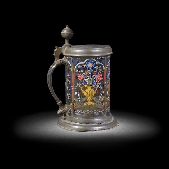 Bonhams : A Bohemian enamelled tankard with pewter mounts, dated 1759 ...