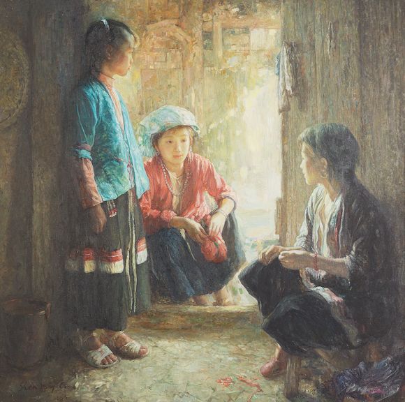 Bonhams : Shen Ming Cun (Chinese, born 1956) Three seamstresses in a ...