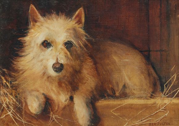 Bonhams : Samuel Fulton (British, 1855-1941) A White Terrier in its bed