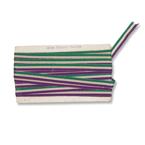Bonhams : WSPU RIBBON Length of narrow silk ribbon in the WSPU colours ...