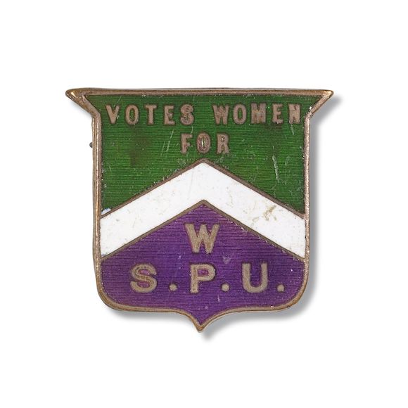 Bonhams : WSPU BADGE Enamel shield-shaped badge, [c.1908]