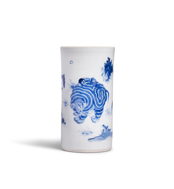 Bonhams : A VERY FINE BLUE AND WHITE 'RIDING THE ELEPHANT' BRUSHPOT ...