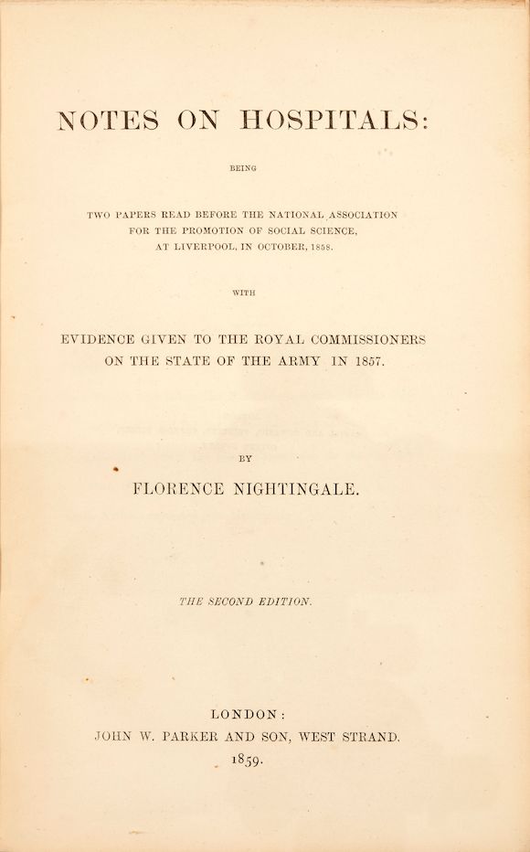 Bonhams : NIGHTINGALE (FLORENCE) Notes on Hospitals, John W. Parker, 1859