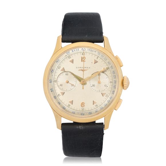 Bonhams : Longines. An 18K gold manual wind chronograph wristwatch Ref ...