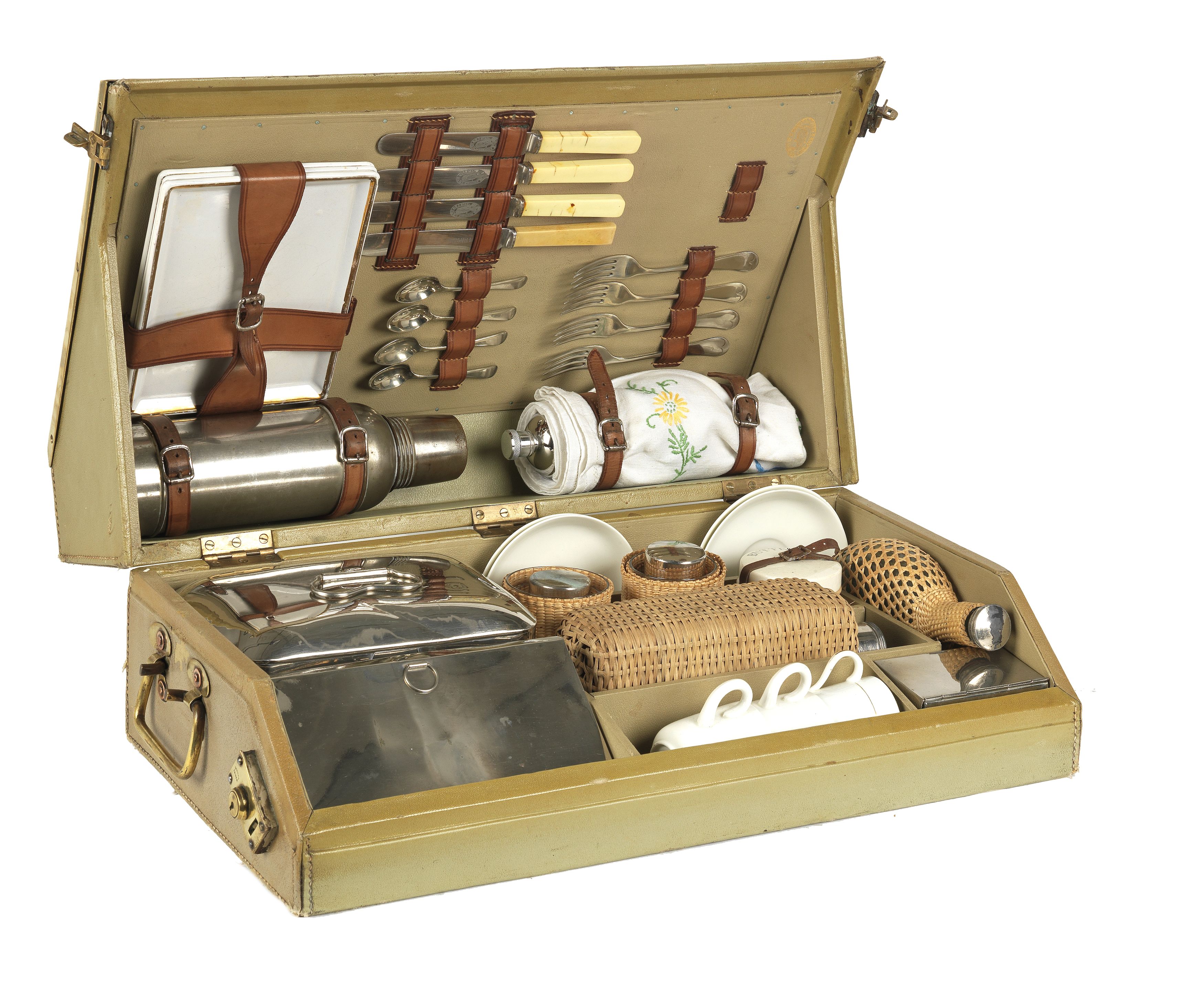Bonhams Cars : A cased 'Coracle' brand foot-rest picnic set for four ...