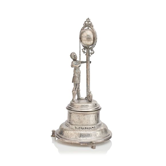 Bonhams : A 17th century style electroplated automaton table clock