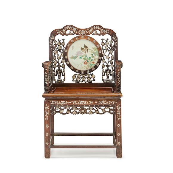 Bonhams : A HONGMU MOTHER-OF-PEARL AND PORCELAIN INSET CHAIR Signed Yu ...