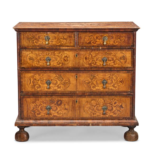 Bonhams : A William and Mary rosewood, ebony, purplewood and fruitwood ...