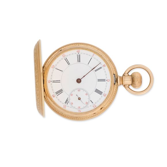 Bonhams : Clover. A 14K gold keyless wind full hunter pocket watch ...